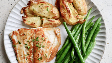 Barramundi with Lemon Garlic Butter sauce & Smashed Potatoes by Chelsea ...